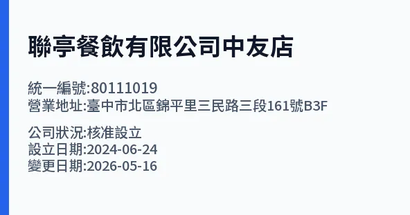 聯亭餐飲有限公司中友店的照片-統編 80111019(臺中市) 公司登記資料與營業項目詳細圖表