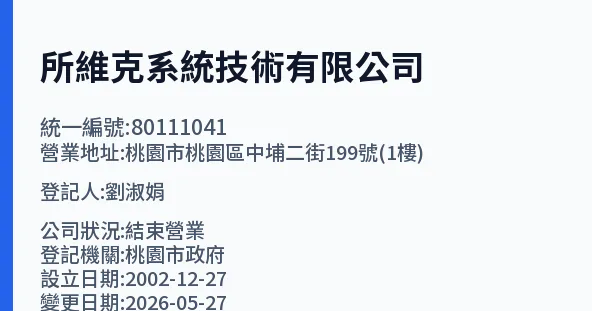 所維克系統技術有限公司的照片-統編 80111041(桃園市) 公司登記資料與營業項目詳細圖表