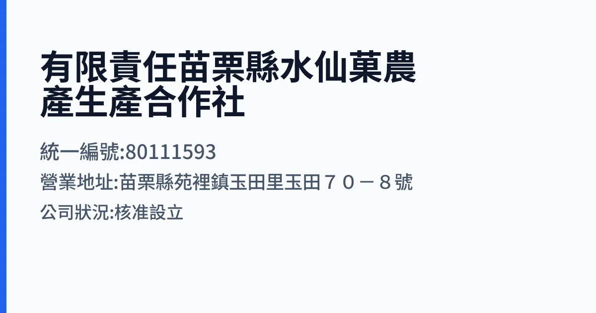 有限責任苗栗縣水仙菓農產生產合作社 - 統編 80111593(苗栗縣) 公司登記資料與營業項目詳細圖表