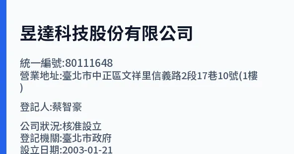 昱達科技股份有限公司的照片-統編 80111648(臺北市) 公司登記資料與營業項目詳細圖表