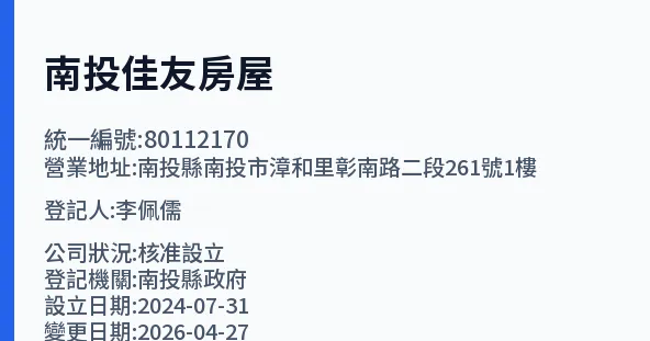 南投佳友房屋的照片-統編 80112170(南投縣) 公司登記資料與營業項目詳細圖表