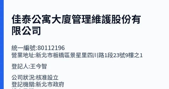 佳泰公寓大廈管理維護股份有限公司的照片-統編 80112196(新北市) 公司登記資料與營業項目詳細圖表