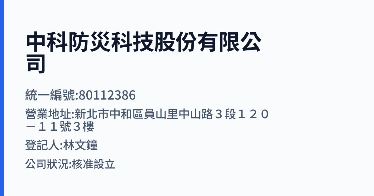 中科防災科技股份有限公司 - 統編 80112386(新北市) 公司登記資料與營業項目詳細圖表
