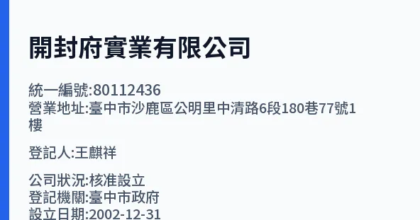 開封府實業有限公司的照片-統編 80112436(臺中市) 公司登記資料與營業項目詳細圖表
