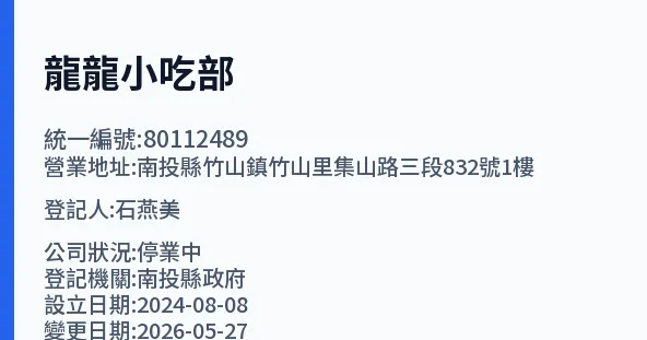 龍龍小吃部的照片-統編 80112489(南投縣) 公司登記資料與營業項目詳細圖表
