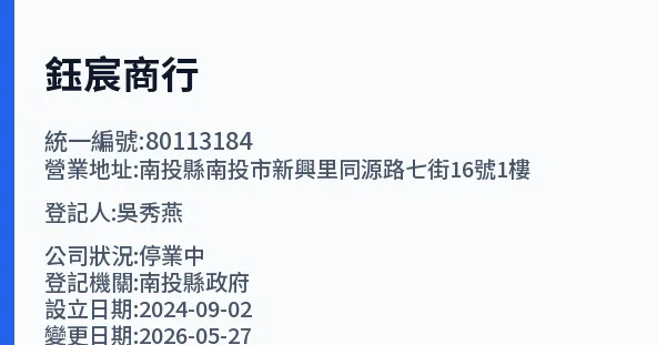 鈺宸商行的照片-統編 80113184(南投縣) 公司登記資料與營業項目詳細圖表