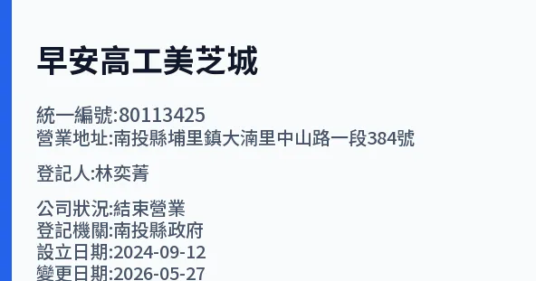 早安高工美芝城的照片-統編 80113425(南投縣) 公司登記資料與營業項目詳細圖表