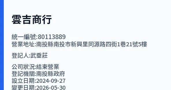 雲吉商行的照片-統編 80113889(南投縣) 公司登記資料與營業項目詳細圖表