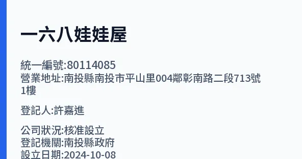 一六八娃娃屋的照片-統編 80114085(南投縣) 公司登記資料與營業項目詳細圖表