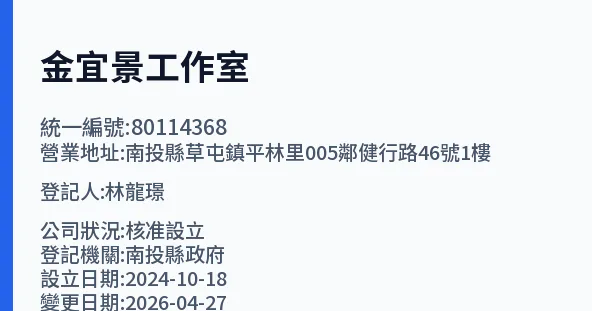 金宜景工作室的照片-統編 80114368(南投縣) 公司登記資料與營業項目詳細圖表