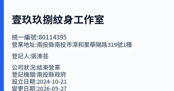 壹玖玖捌紋身工作室的照片-統編 80114395(南投縣) 公司登記資料與營業項目詳細圖表