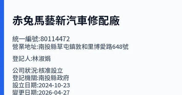 赤兔馬藝新汽車修配廠的照片-統編 80114472(南投縣) 公司登記資料與營業項目詳細圖表