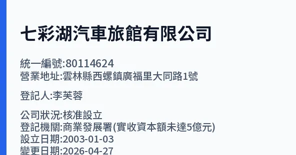 七彩湖汽車旅館有限公司的照片-統編 80114624(雲林縣) 公司登記資料與營業項目詳細圖表
