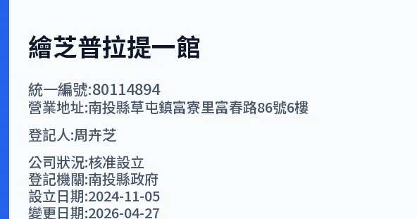 繪芝普拉提一館的照片-統編 80114894(南投縣) 公司登記資料與營業項目詳細圖表