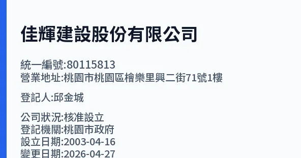 佳輝建設股份有限公司的照片-統編 80115813(桃園市) 公司登記資料與營業項目詳細圖表