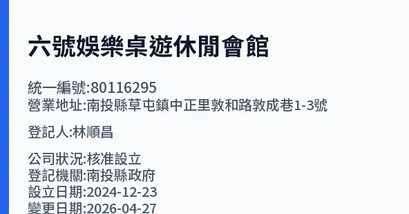 六號娛樂桌遊休閒會館的照片-統編 80116295(南投縣) 公司登記資料與營業項目詳細圖表