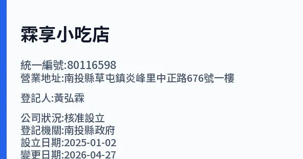 霖享小吃店的照片-統編 80116598(南投縣) 公司登記資料與營業項目詳細圖表