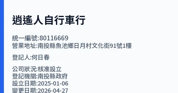 逍遙人自行車行的照片-統編 80116669(南投縣) 公司登記資料與營業項目詳細圖表