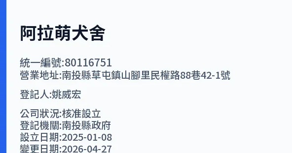 阿拉萌犬舍的照片-統編 80116751(南投縣) 公司登記資料與營業項目詳細圖表