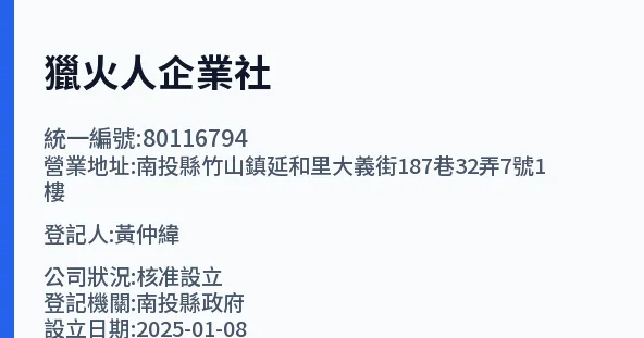獵火人企業社的照片-統編 80116794(南投縣) 公司登記資料與營業項目詳細圖表