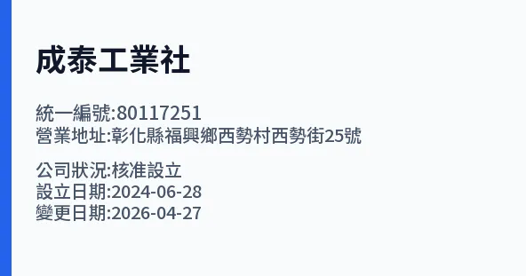成泰工業社的照片-統編 80117251(彰化縣) 公司登記資料與營業項目詳細圖表