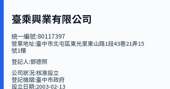 臺乘興業有限公司的照片-統編 80117397(臺中市) 公司登記資料與營業項目詳細圖表