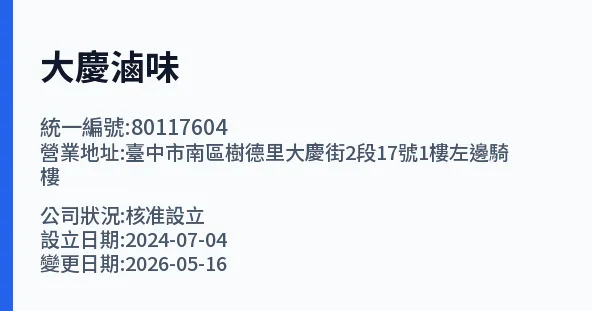 大慶滷味的照片-統編 80117604(臺中市) 公司登記資料與營業項目詳細圖表