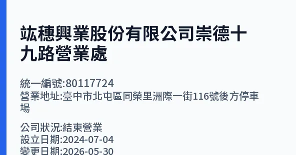 竑穗興業股份有限公司崇德十九路營業處的照片-統編 80117724(臺中市) 公司登記資料與營業項目詳細圖表