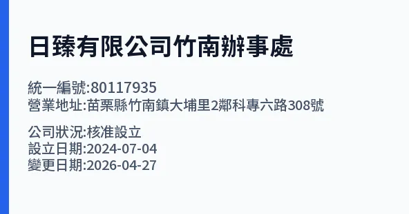 日臻有限公司竹南辦事處的照片-統編 80117935(苗栗縣) 公司登記資料與營業項目詳細圖表