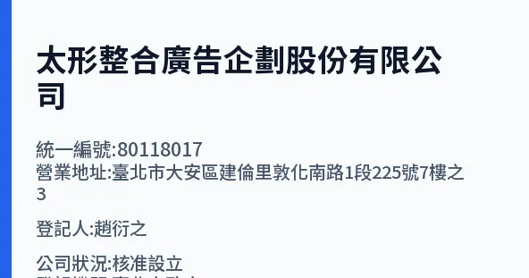 太形整合廣告企劃股份有限公司的照片-統編 80118017(臺北市) 公司登記資料與營業項目詳細圖表