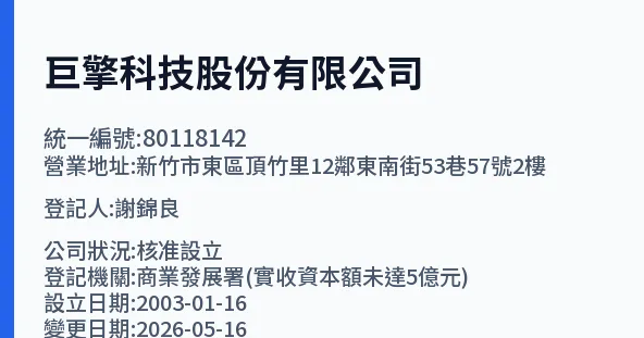 巨擎科技股份有限公司的照片-統編 80118142(新竹市) 公司登記資料與營業項目詳細圖表