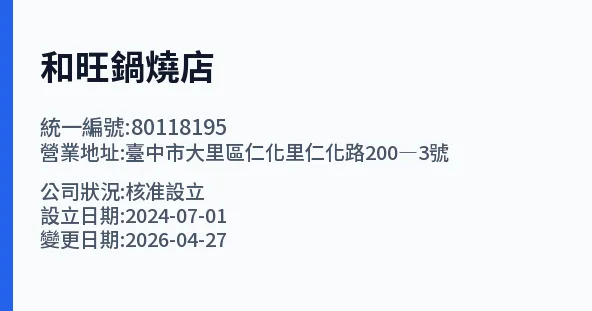 和旺鍋燒店的照片-統編 80118195(臺中市) 公司登記資料與營業項目詳細圖表