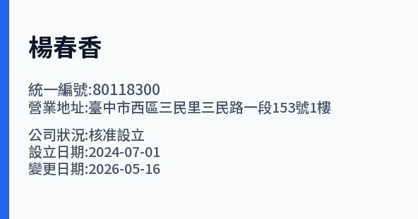 楊春香的照片-統編 80118300(臺中市) 公司登記資料與營業項目詳細圖表