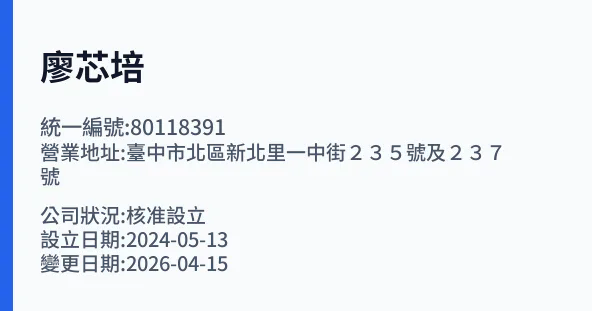 廖芯培的照片-統編 80118391(臺中市) 公司登記資料與營業項目詳細圖表