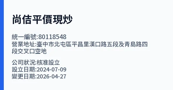 尚佶平價現炒的照片-統編 80118548(臺中市) 公司登記資料與營業項目詳細圖表