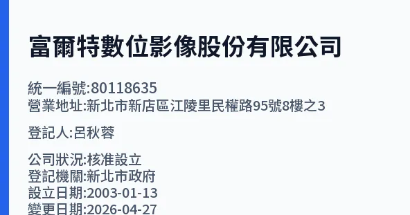 富爾特數位影像股份有限公司的照片-統編 80118635(新北市) 公司登記資料與營業項目詳細圖表