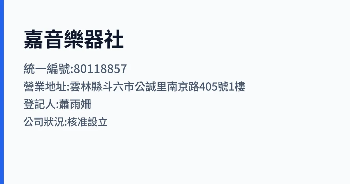 嘉音樂器社 - 統編 80118857(雲林縣) 公司登記資料與營業項目詳細圖表