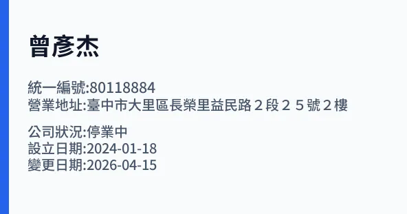 曾彥杰的照片-統編 80118884(臺中市) 公司登記資料與營業項目詳細圖表