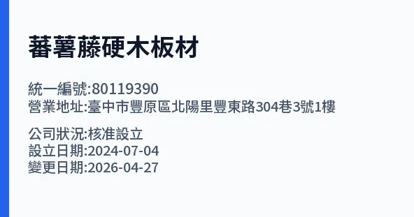 蕃薯藤硬木板材的照片-統編 80119390(臺中市) 公司登記資料與營業項目詳細圖表