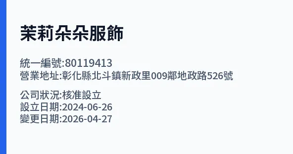 茉莉朵朵服飾的照片-統編 80119413(彰化縣) 公司登記資料與營業項目詳細圖表