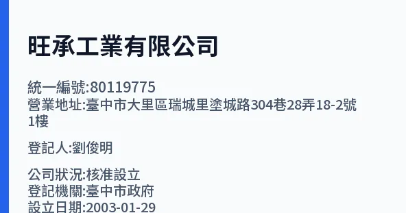 旺承工業有限公司的照片-統編 80119775(臺中市) 公司登記資料與營業項目詳細圖表