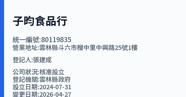 子昀食品行的照片-統編 80119835(雲林縣) 公司登記資料與營業項目詳細圖表