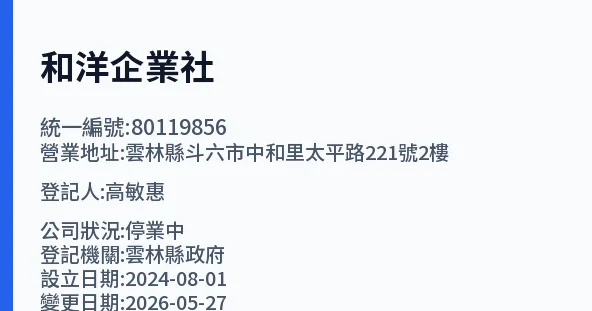 和洋企業社的照片-統編 80119856(雲林縣) 公司登記資料與營業項目詳細圖表