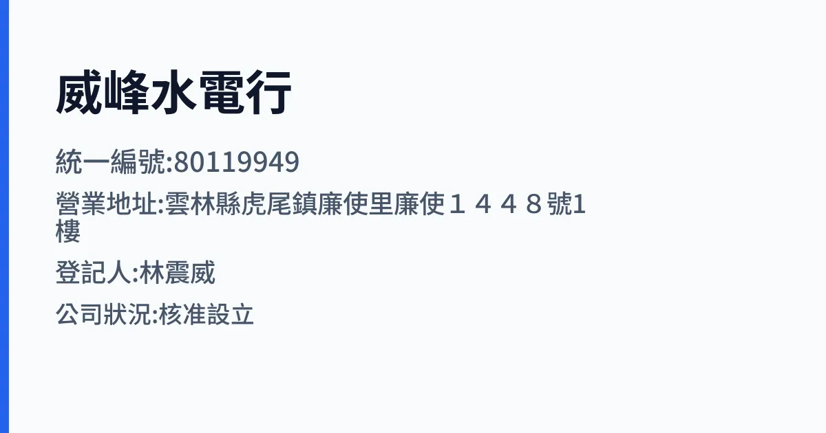威峰水電行 - 統編 80119949（雲林縣） 公司登記資料與營業項目詳細圖表