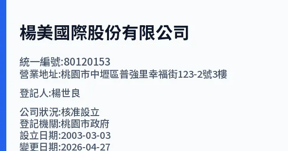 楊美國際股份有限公司的照片-統編 80120153(桃園市) 公司登記資料與營業項目詳細圖表