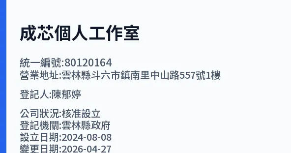 成芯個人工作室的照片-統編 80120164(雲林縣) 公司登記資料與營業項目詳細圖表