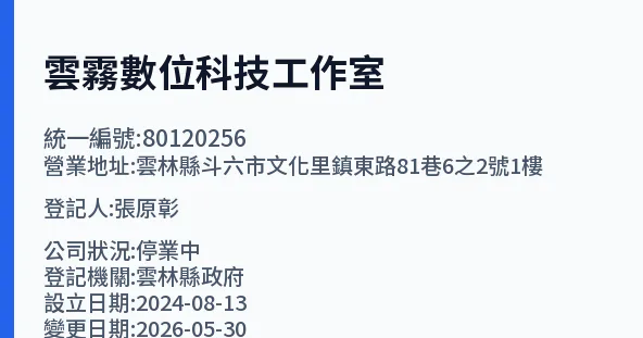 雲霧數位科技工作室的照片-統編 80120256(雲林縣) 公司登記資料與營業項目詳細圖表
