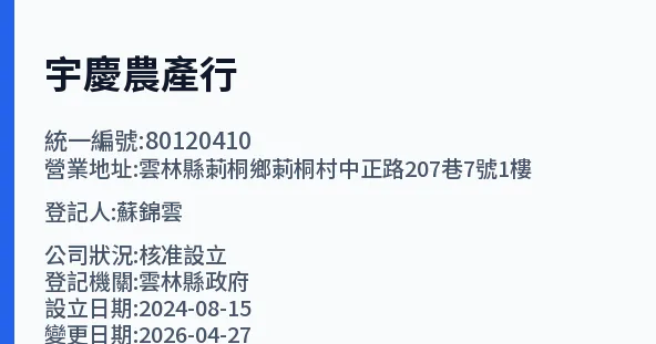 宇慶農產行的照片-統編 80120410(雲林縣) 公司登記資料與營業項目詳細圖表