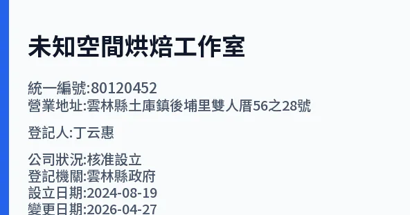未知空間烘焙工作室的照片-統編 80120452(雲林縣) 公司登記資料與營業項目詳細圖表