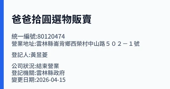 爸爸拾圓選物販賣的照片-統編 80120474(雲林縣) 公司登記資料與營業項目詳細圖表